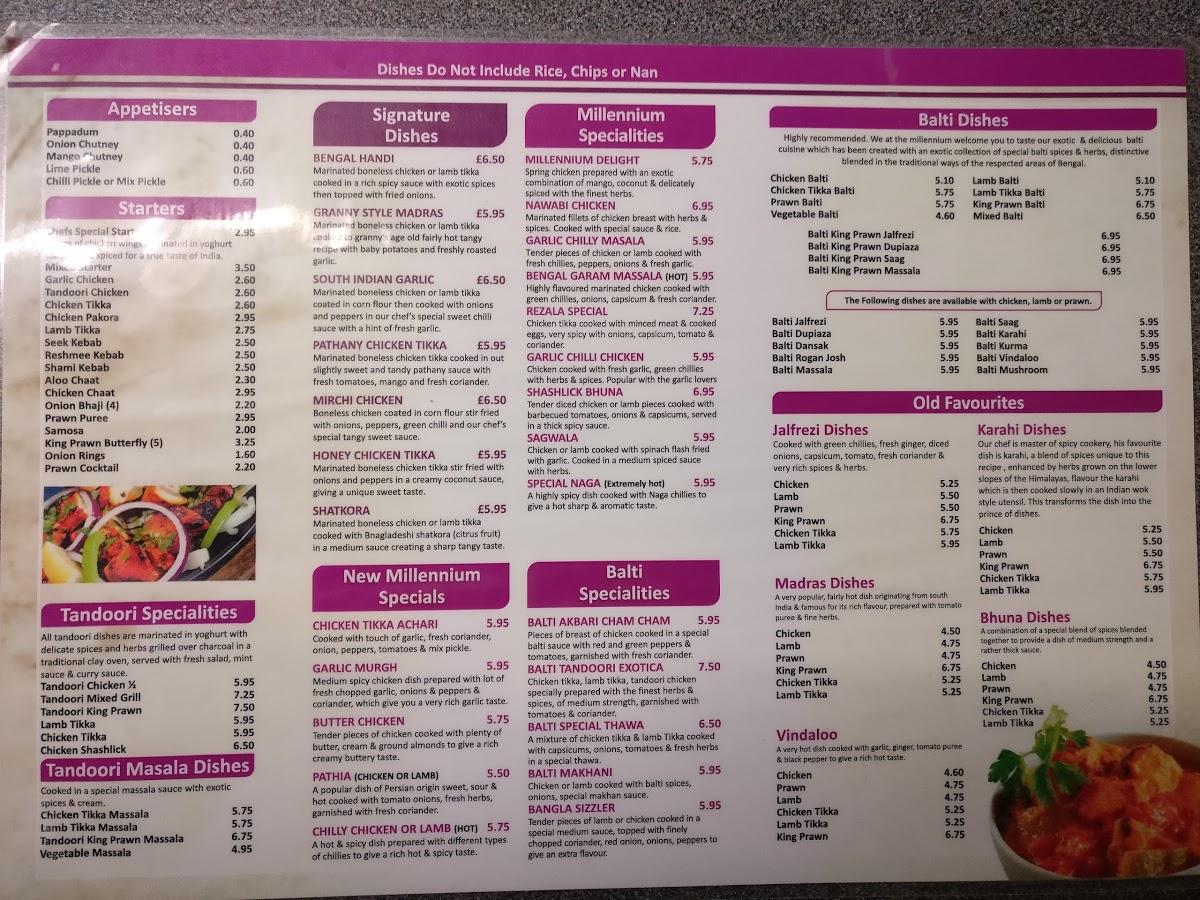 Menu at Millennium Balti Runcorn fast food, Runcorn