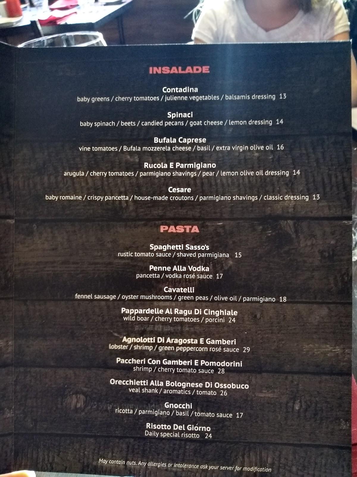 Menu at Sasso's Trattoria & Wine Bar, Nobleton