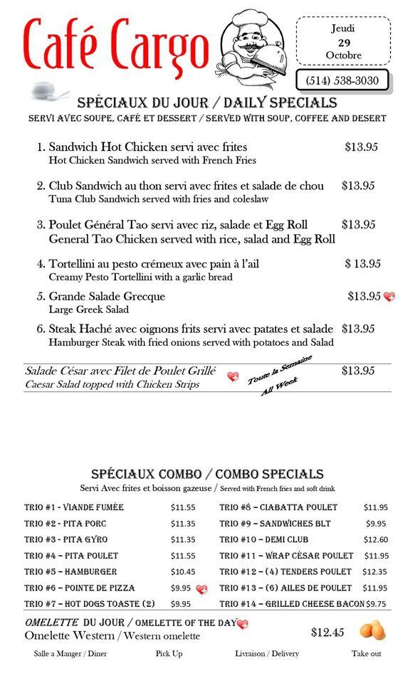 Menu at Café Cargo, Dorval
