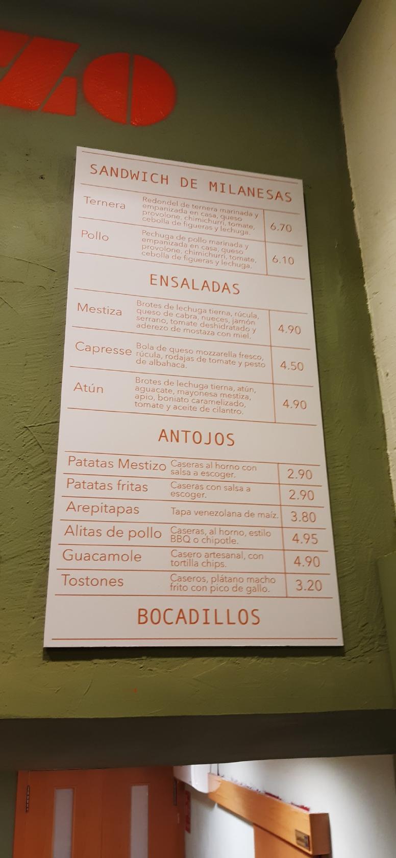 Carta del restaurante Mestizo, Villafranca del Panades