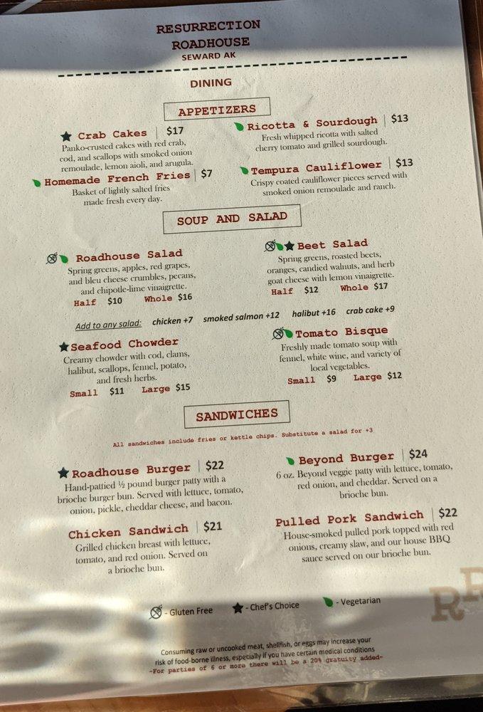 Carta del restaurante Resurrection Roadhouse, Seward, Herman Leirer Rd