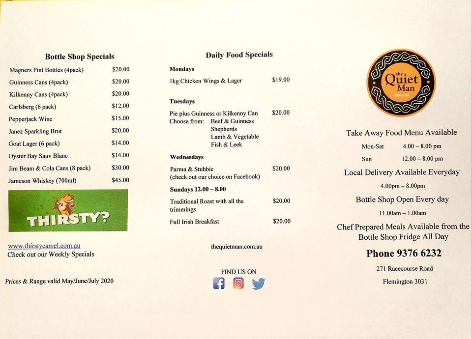Menu at The Quiet Man Irish Pub, Kensington