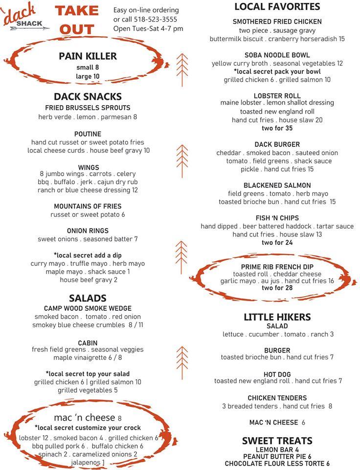 Menu at Dack Shack pub & bar, Lake Placid