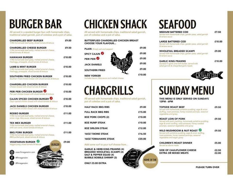 Menu at Finnegans Inn pub & bar, Barry
