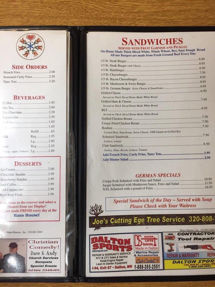 Menu at Hans House cafe, Elbow Lake