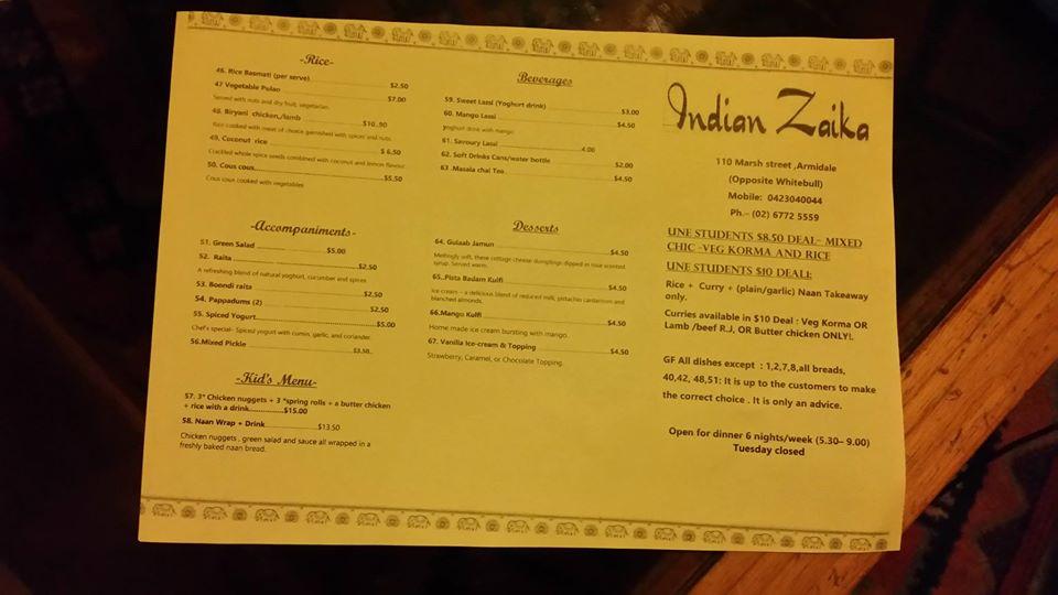 Menu at Zora indian cuisine restaurant, Armidale