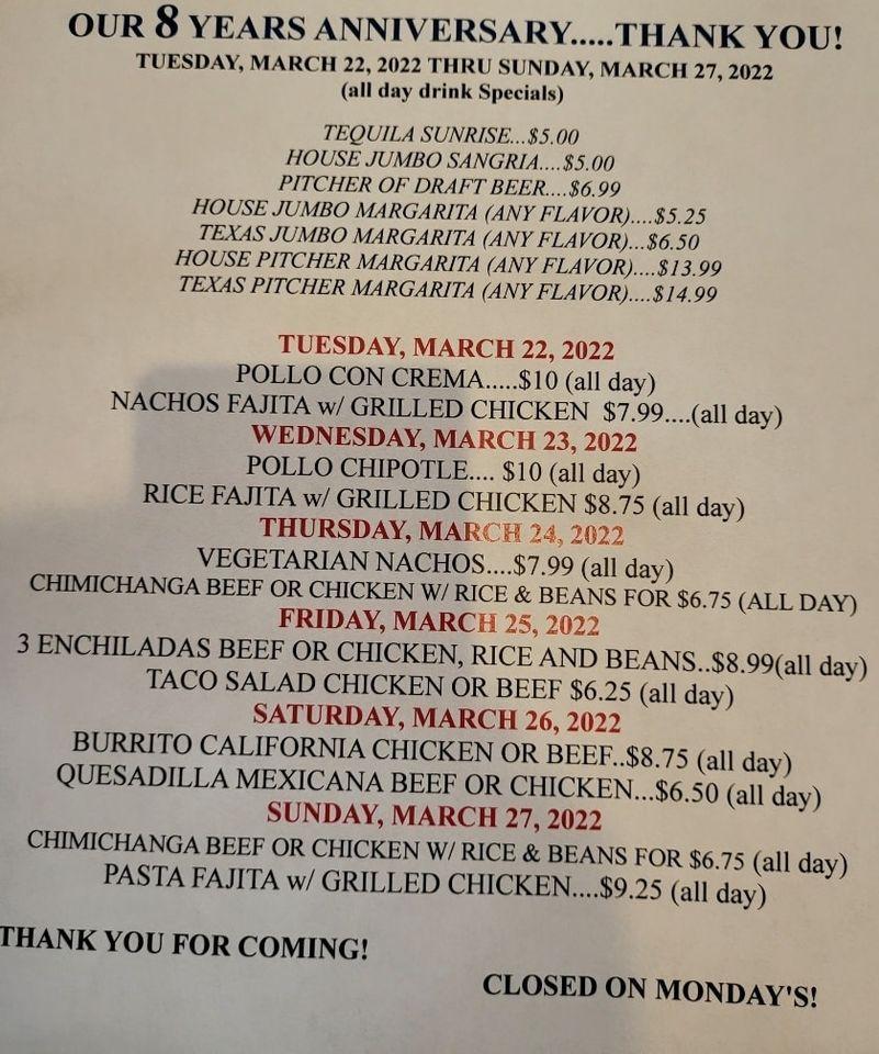 Menu at Los Arcos Mexican Food & Tequila Bar, Rolla