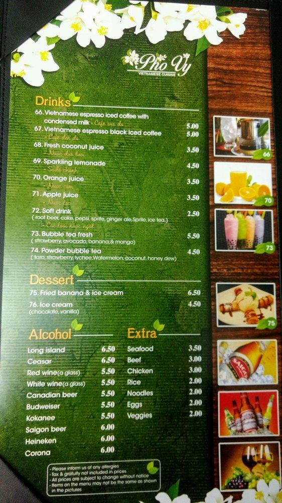 Menu at Pho Vy restaurant, Calgary