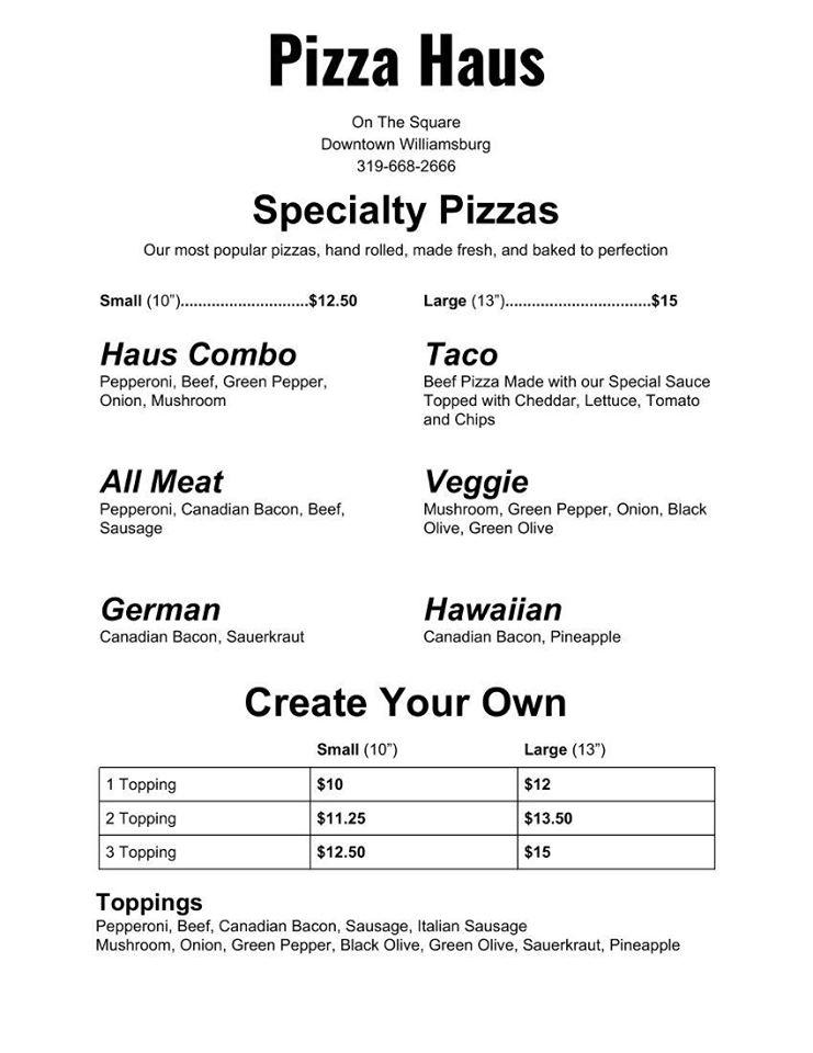 Menu at Pizza Haus pizzeria, Williamsburg