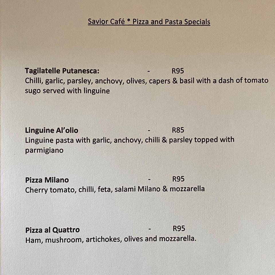 Menu at Savior Cafe, Durban