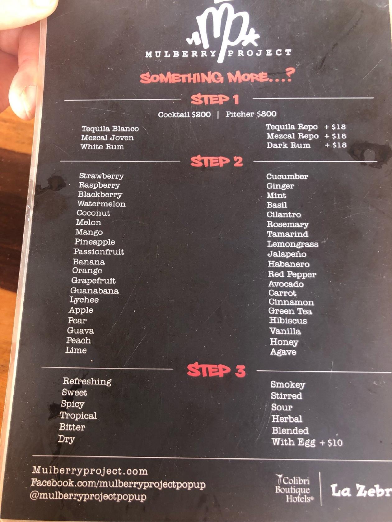 Menu at Mulberry Project restaurant, Mexico