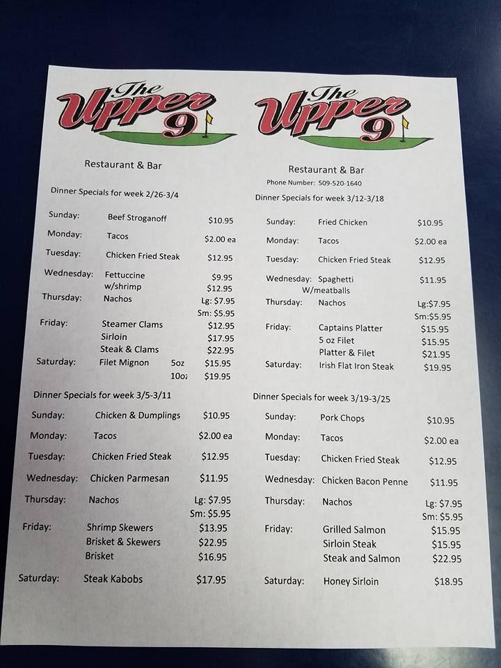 Menu at The Upper 9 pub & bar, Milton-Freewater