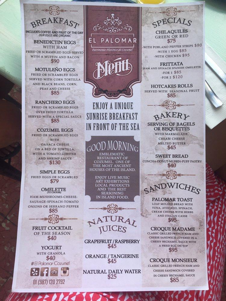 Menu at El Palomar Cozumel pub & bar, San Miguel de Cozumel