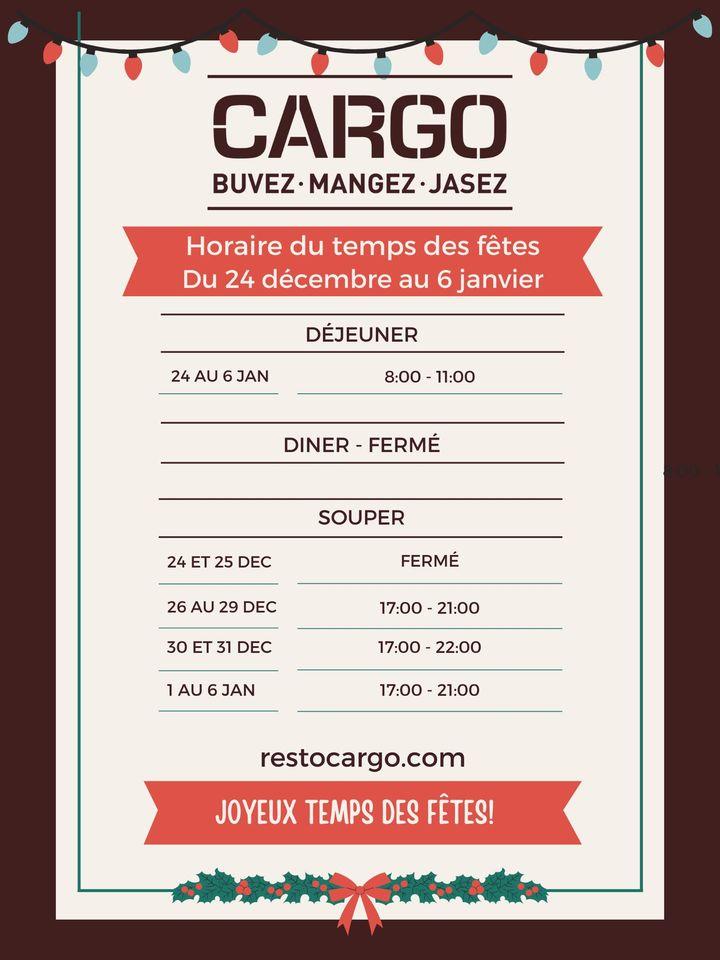 Menu au Restaurant Cargo, Matane