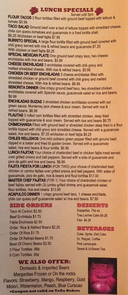 Menu at Tia Maria's restaurant, Houston, Dacoma St
