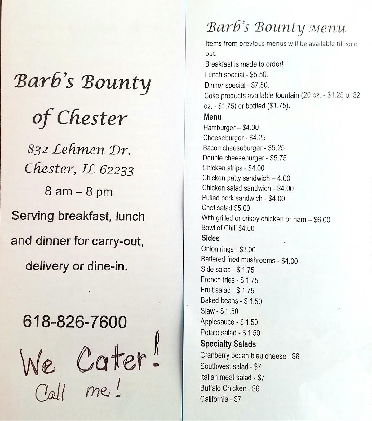 Menu at Barb's Bounty Restaurant, Jams, and Jellies, Chester