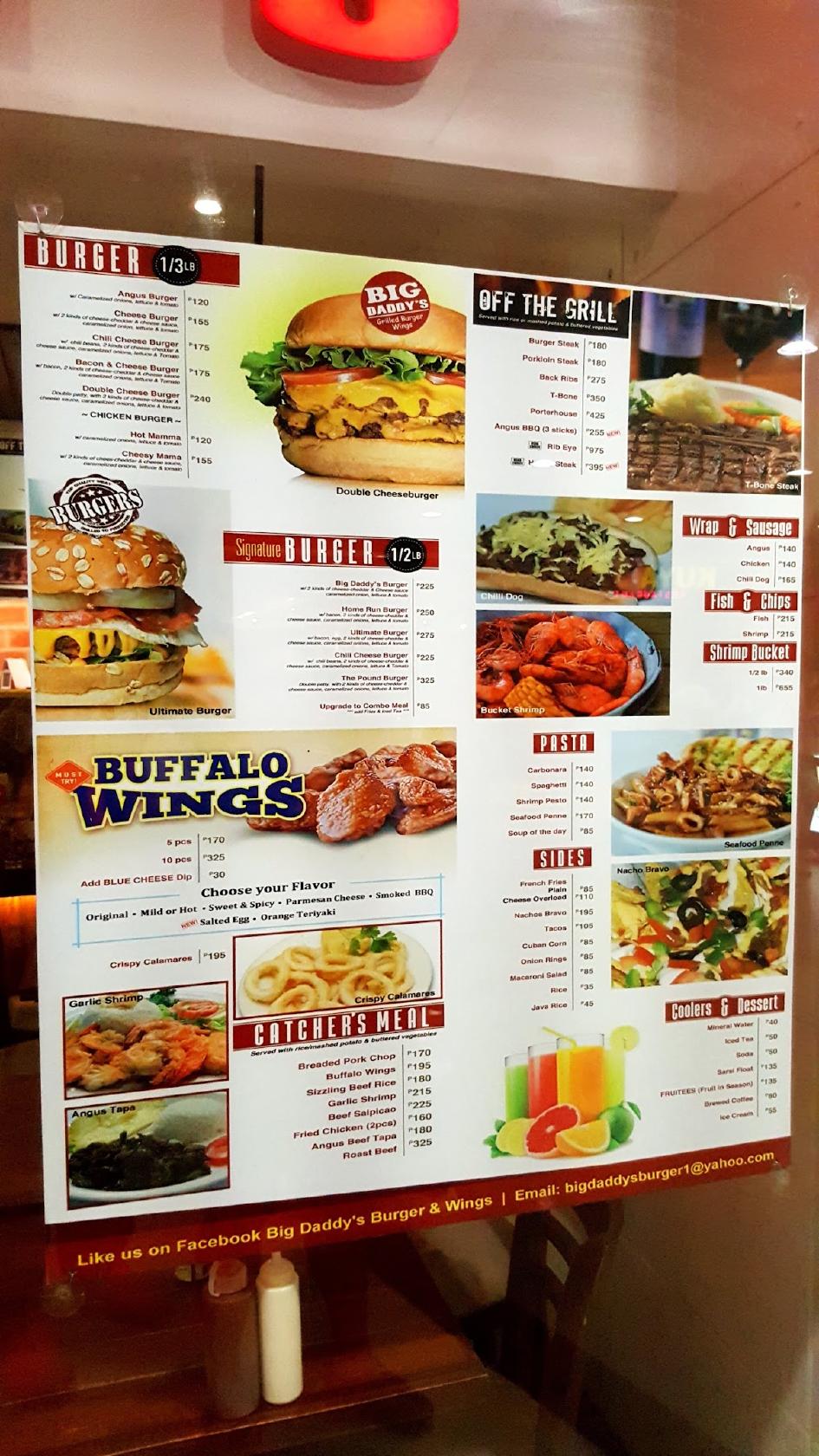 Menu at Big Daddy's SM City Manila restaurant, Manila