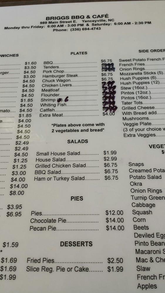 Menu at Briggs Bar-B-Que & Grill, Yanceyville, 989 E Main St