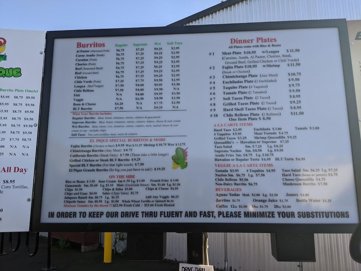 Menu at El Pique Mexican Food restaurant, Springfield, Main St