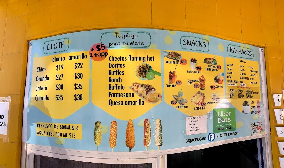 Menu at Elotes & Maiz restaurant, Torreón