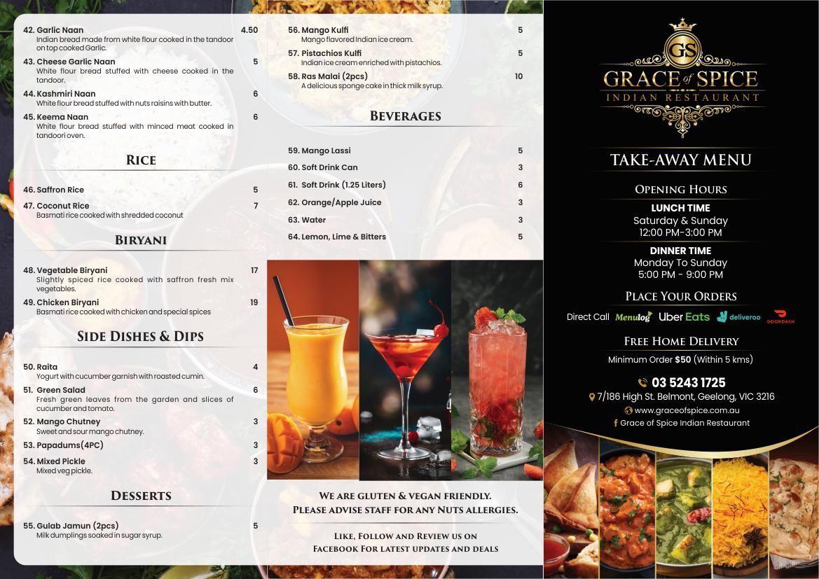 Menu at Grace of Spice Indian Restaurant, Belmont