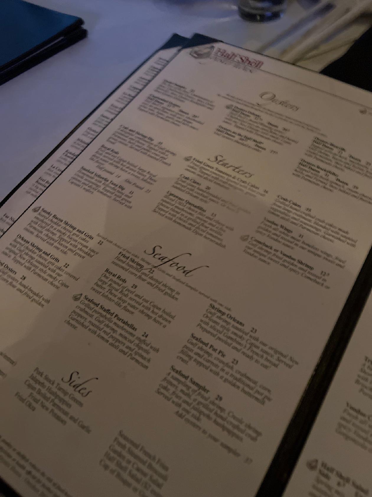 Menu at Half Shell Oyster House restaurant, Biloxi, 125 Lameuse St