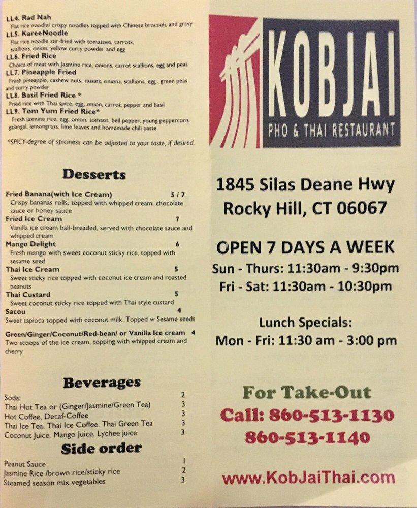 Carta de Kob Jai Pho and Thai Restaurant, Rocky Hill