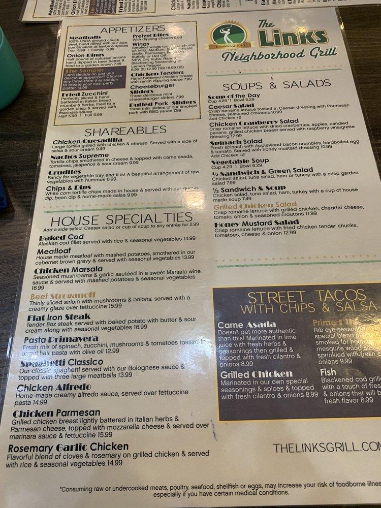 Menu at The Links Neighborhood Grill pub & bar, Peoria, Country Club Pkwy