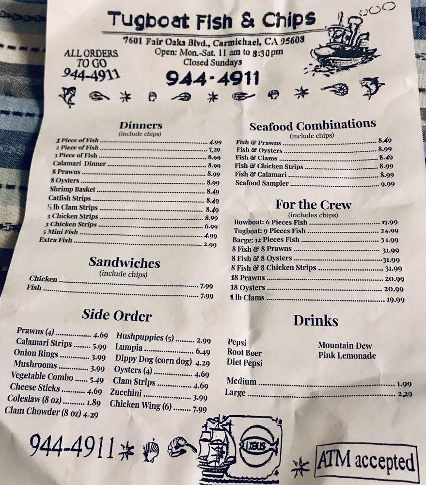 Menu at Tugboat Fish & Chips restaurant, Carmichael, Fair Oaks Blvd