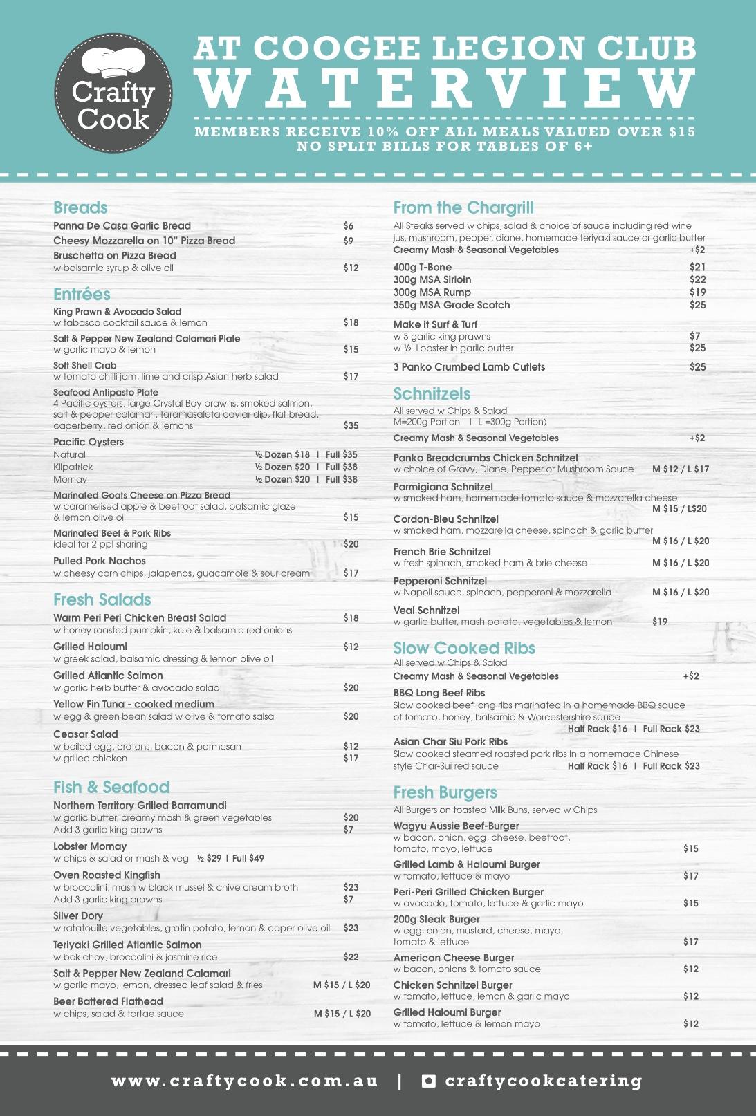 Menu at Waterview Restaurant Coogee, Coogee