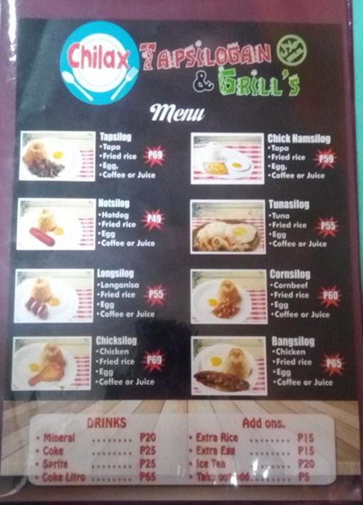 Menu at Chilax Tapsilogan restaurant, Zamboanga