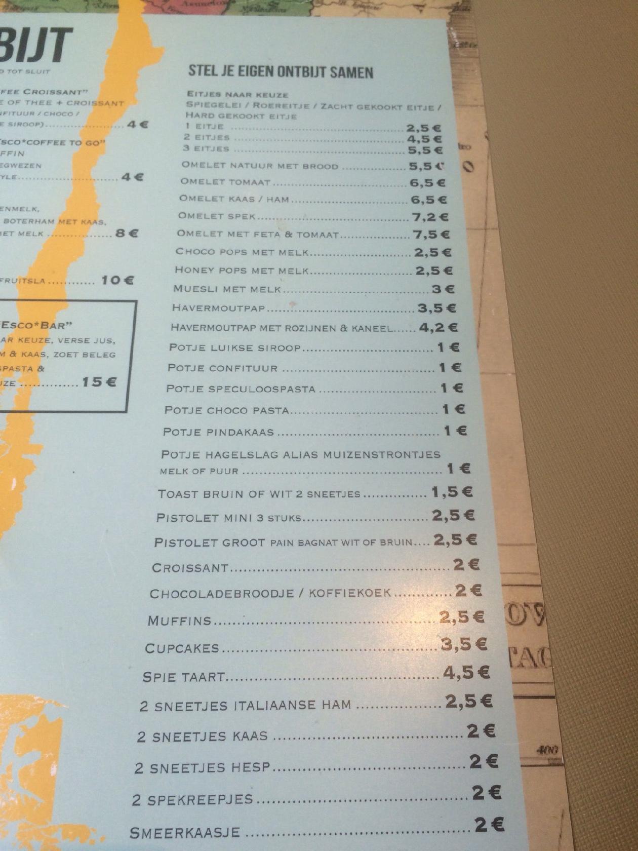 Menu at Esco*bar, Antwerp