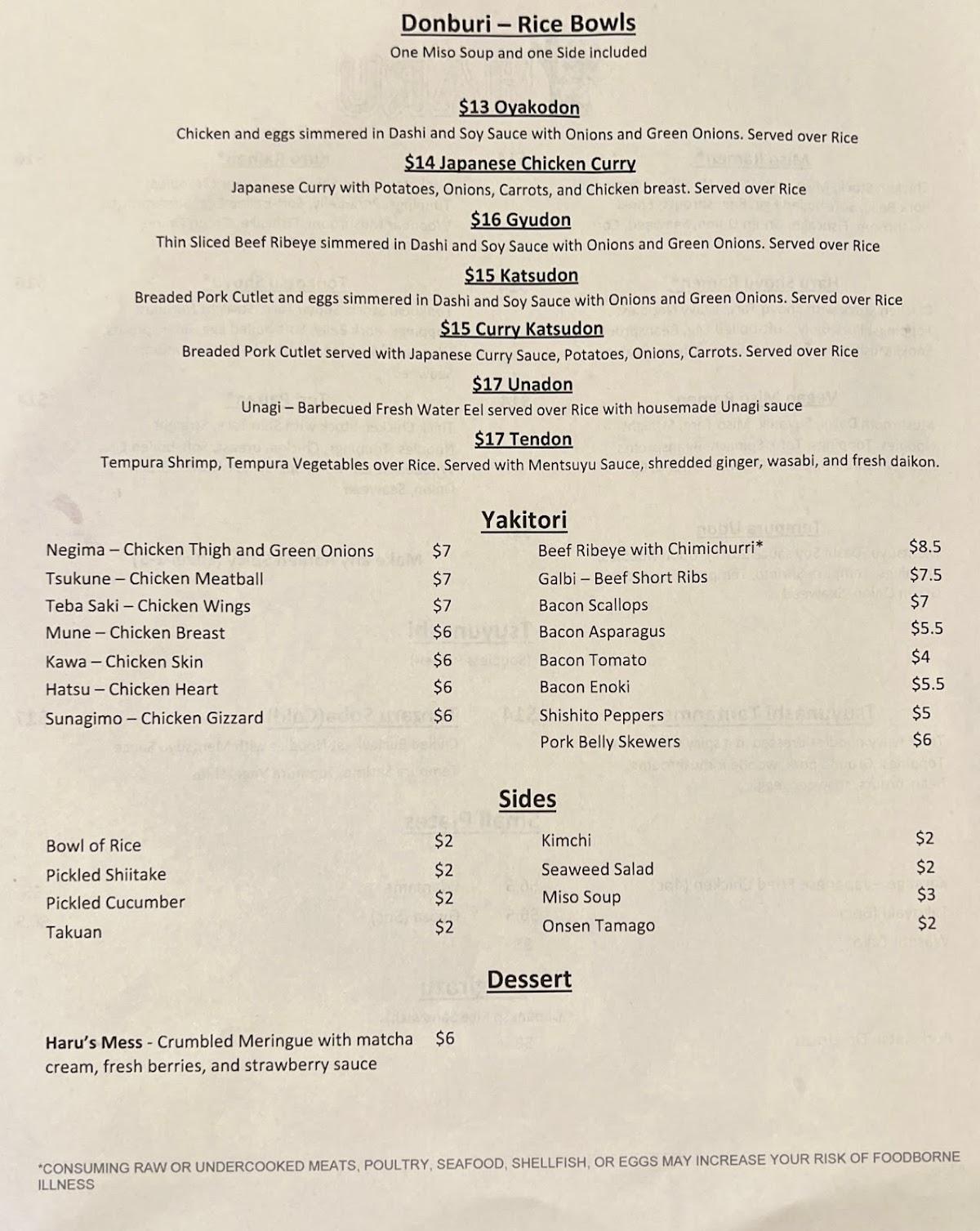 Menu at Haru restaurant, Reno