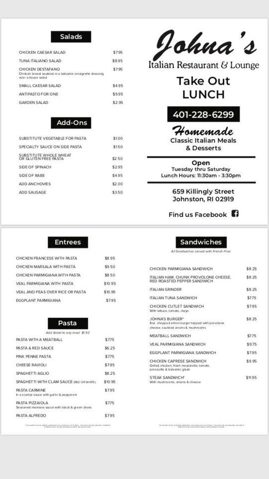 Menu at Johna's Italian Restaurant, Johnston