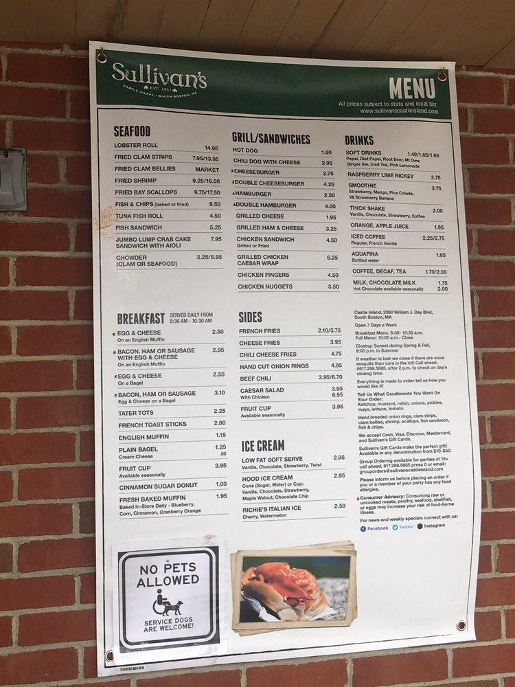Menu at Sullivan's Castle Island fast food, Boston, William J Day Blvd