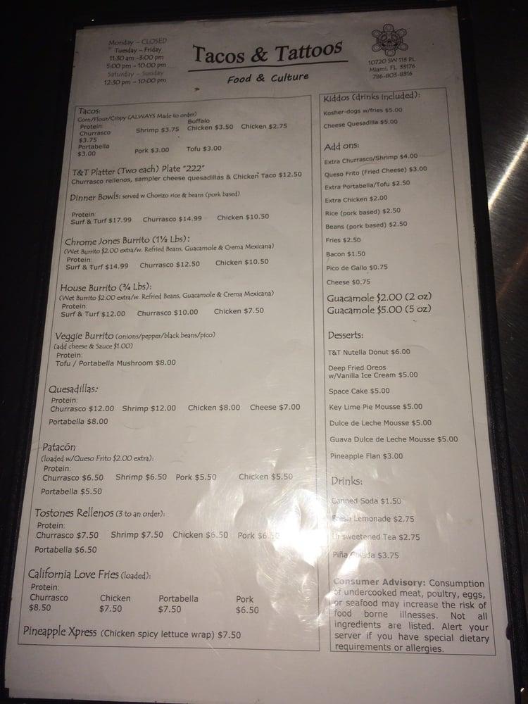 Menu at Tacos & Tattoos restaurant, Miami, SW 104th St