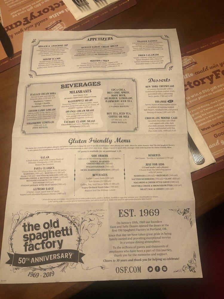 Menu at The Old Spaghetti Factory restaurant, Wichita