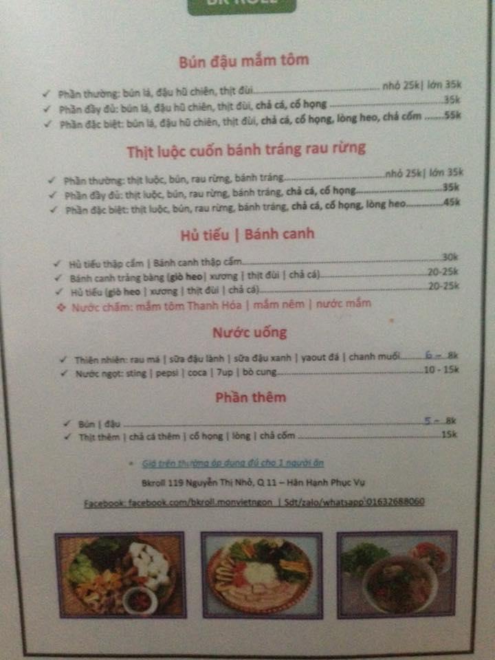 Menu at Bánh Ướt Việt Ngon restaurant, Ho Chi Minh City