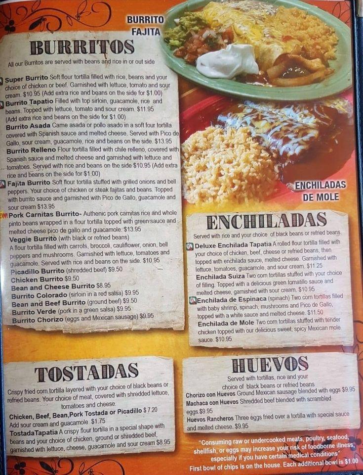 Menu at El Tapatio restaurant, Coquille