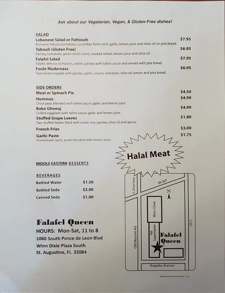 Menu at Falafel Queen restaurant, St. Augustine