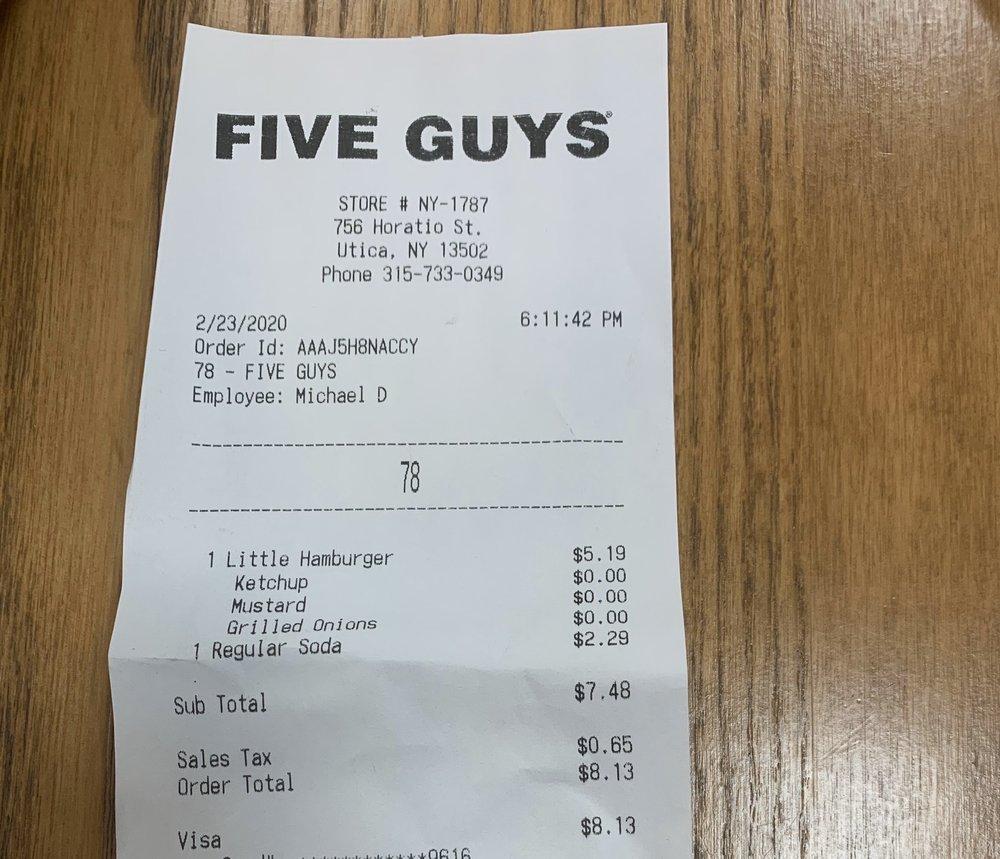 Menu at Five Guys fast food, Utica, 756 Horatio St