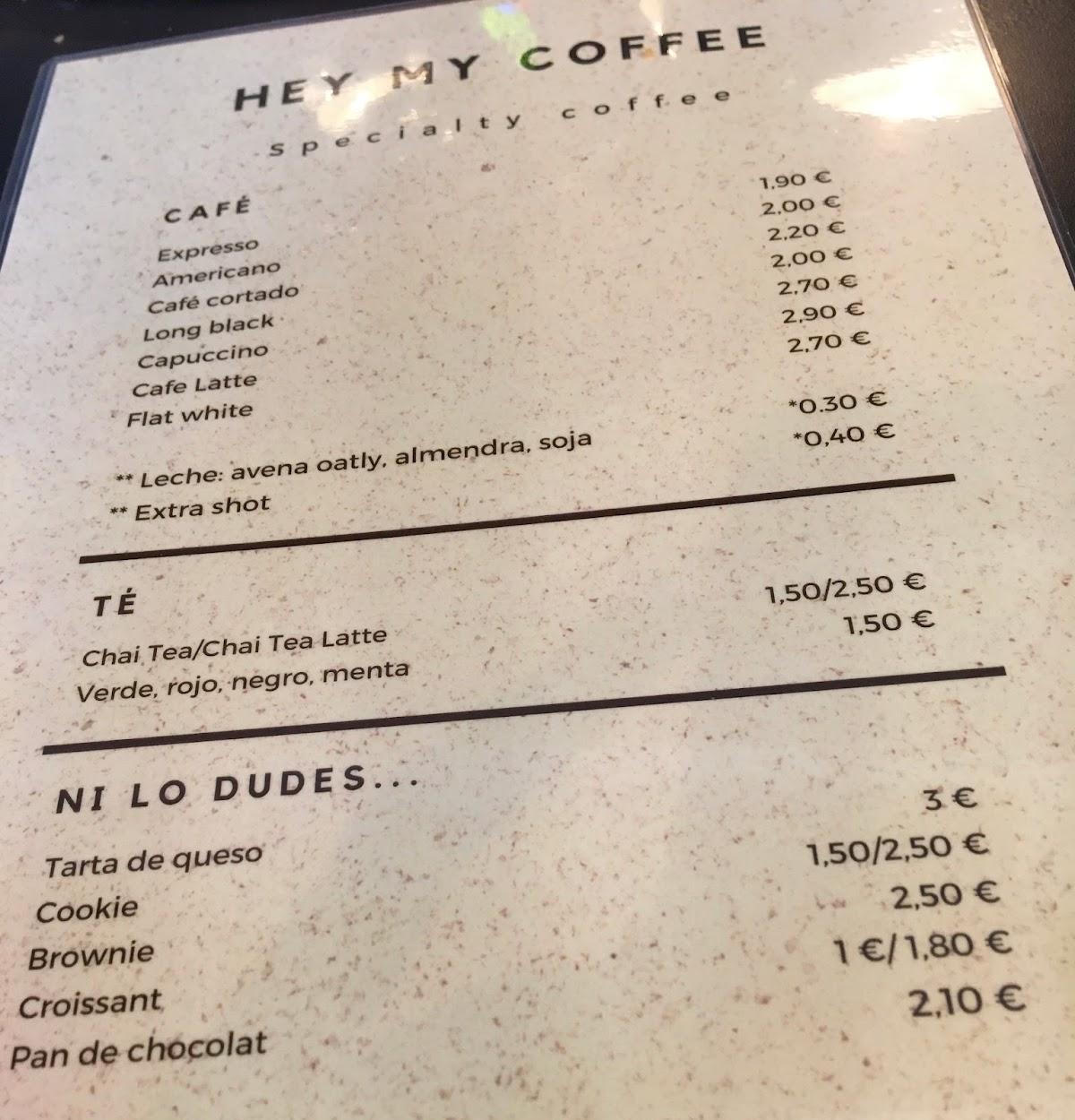 Menu at Hey My Coffee restaurant, Madrid