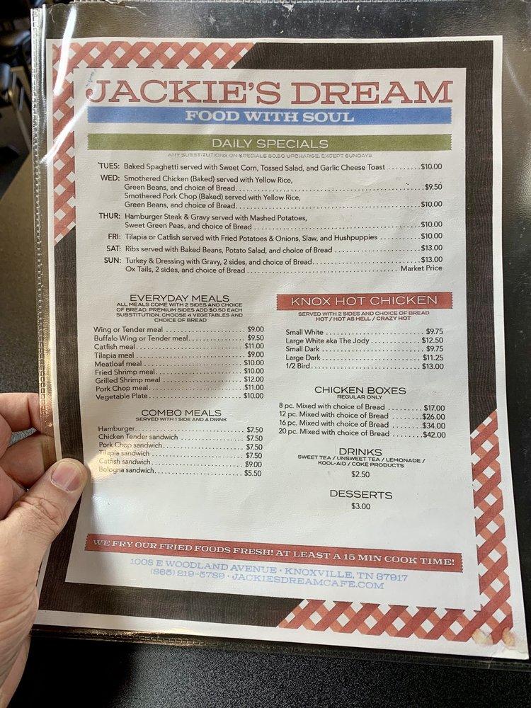 Menu at Jackie's Dream restaurant, Knoxville, E Woodland Ave