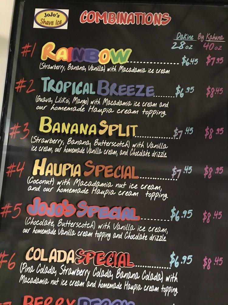 Menu at JoJo's Shave Ice restaurant, Kapaa