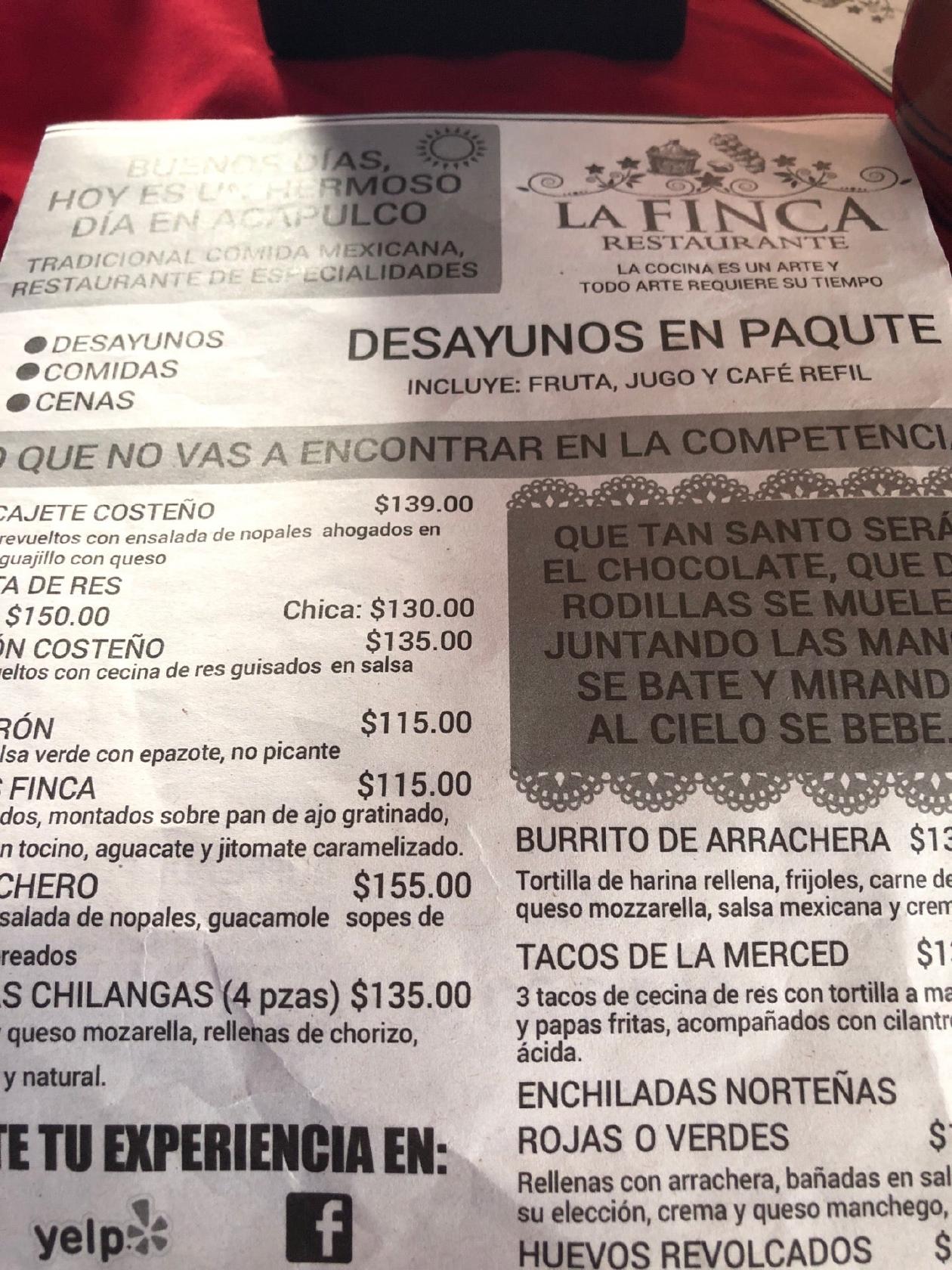 Carta del restaurante La Finca Acapulco, Acapulco, Blvd. del las ...