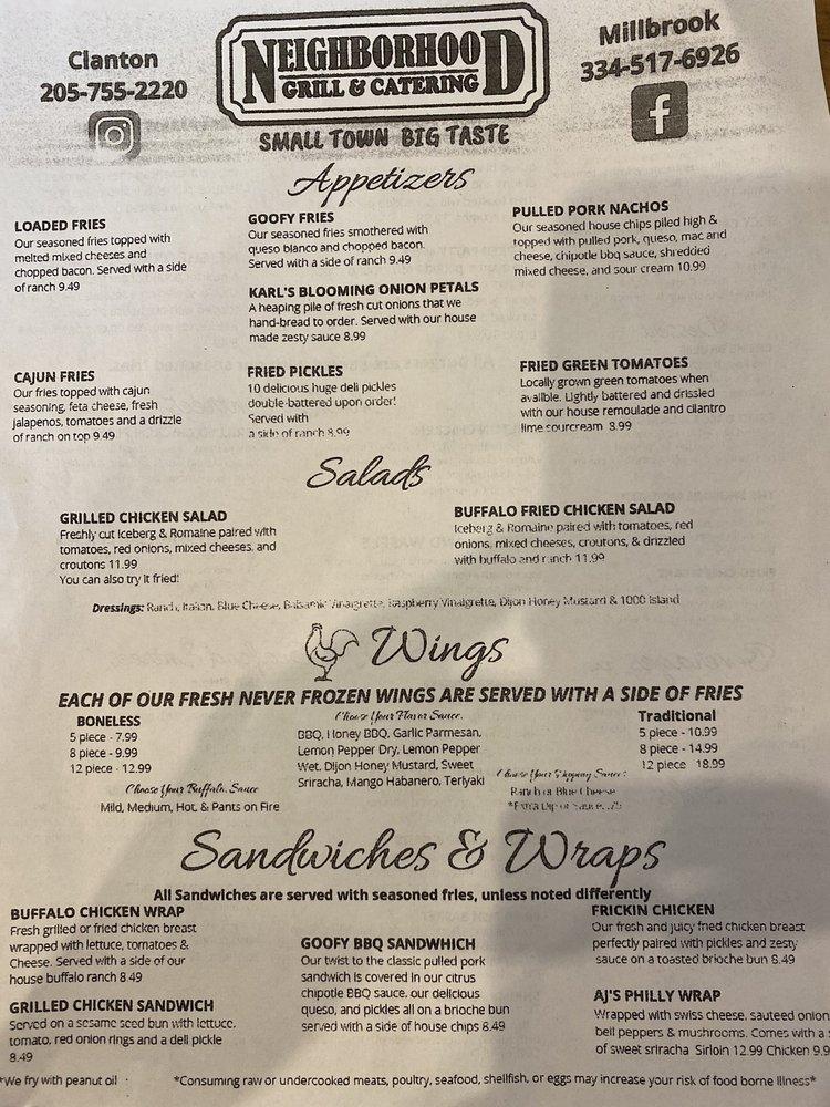 Menu at Neighborhood Grill and Catering restaurant, Millbrook