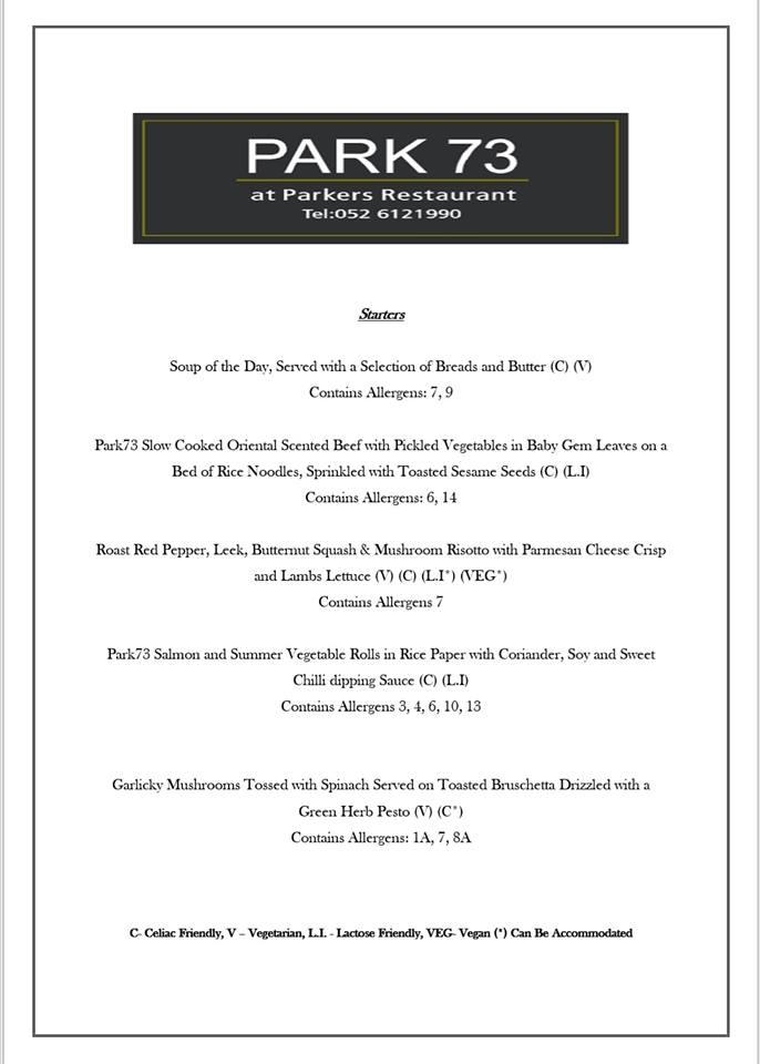 Menu at Park73 at Parkers Of Clonmel restaurant, Clonmel, Thomas St