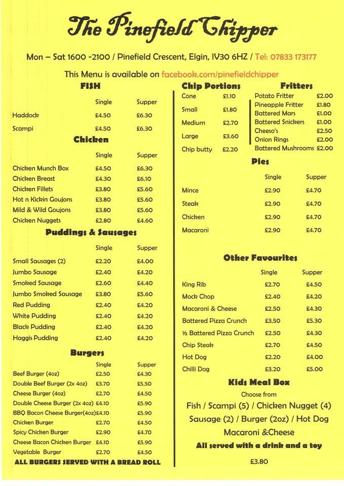 Menu at Pinefield Chippy restaurant, Elgin