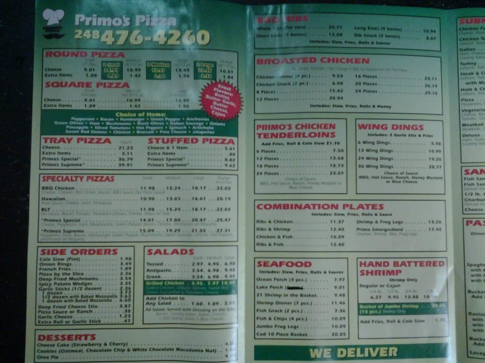 Menu at Primo's Pizzeria, Livonia, W Seven Mile Rd