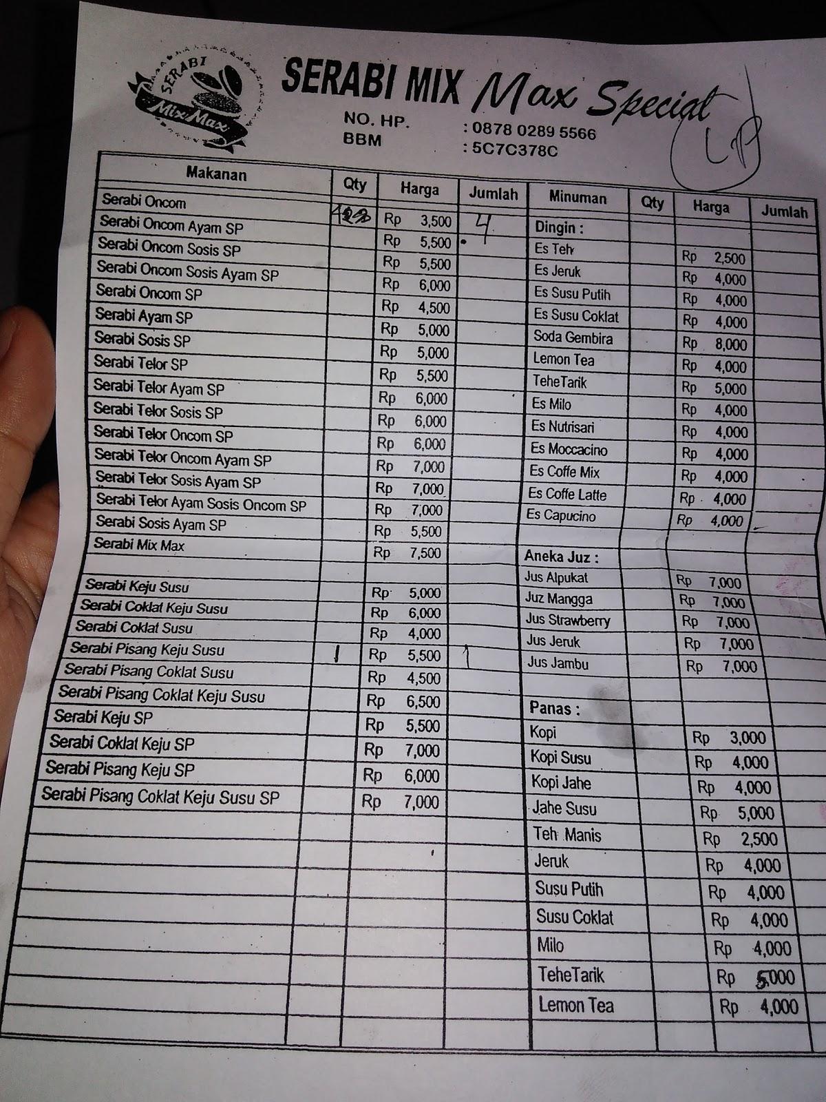 Menu at Serabi Mix Max desserts, Purwokerto